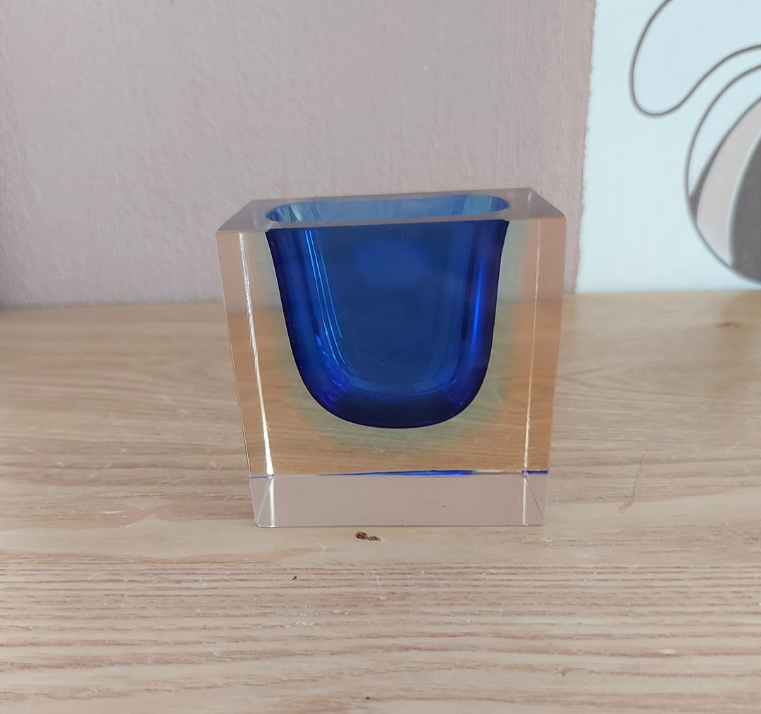 Vintage Small ART GLASS Clear and Cobalt Glass Vase, 1960s - Etsy