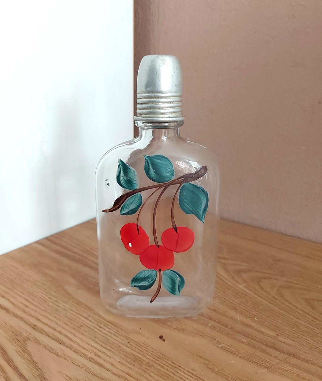 Vintage Glass Flask With Metal Lid, Glass Bottle, Hand Painted Flask ...