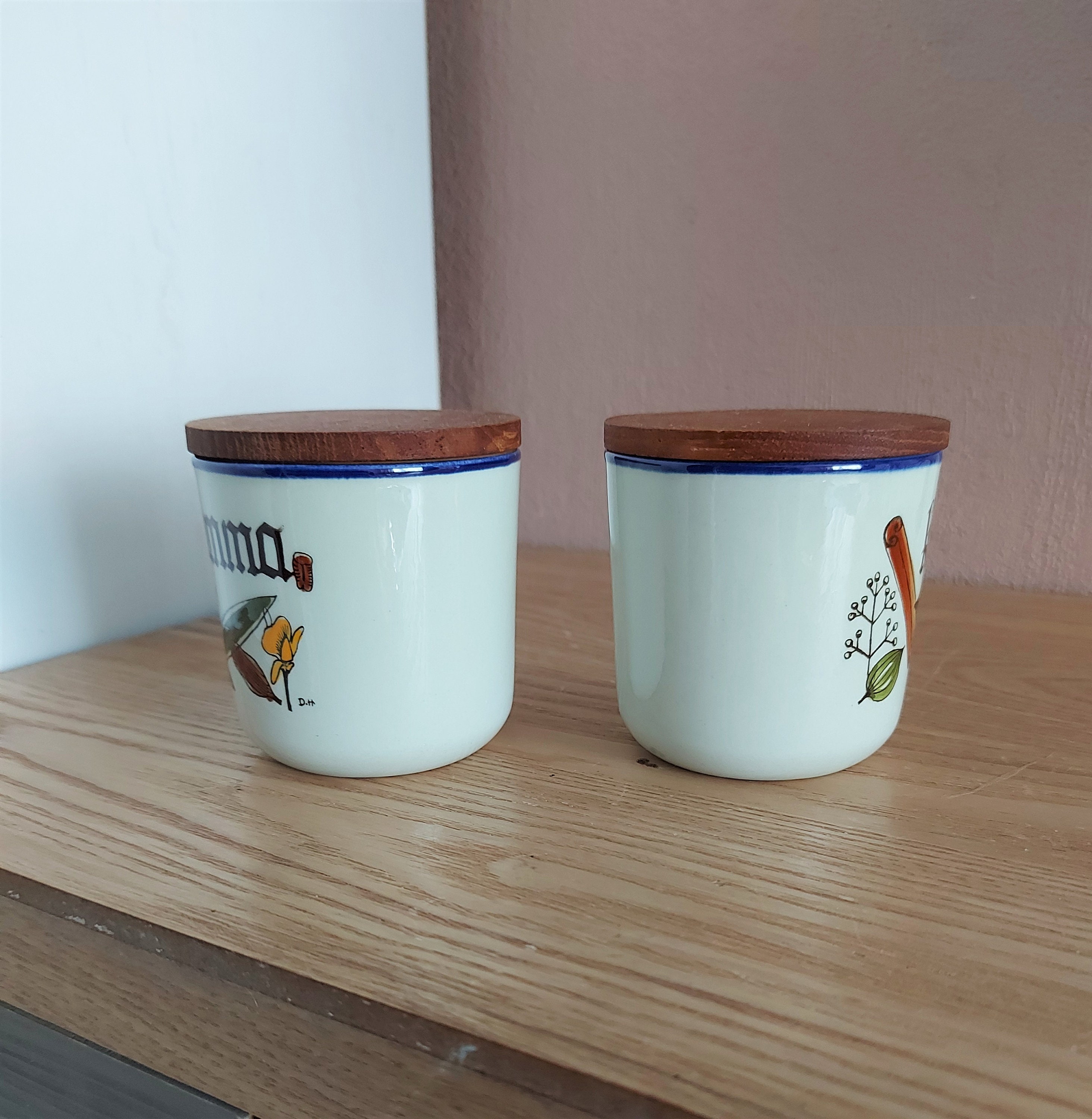 Vintage Scandinavian Ceramic Spice Jars With Wooden Lid Set 2 Etsy