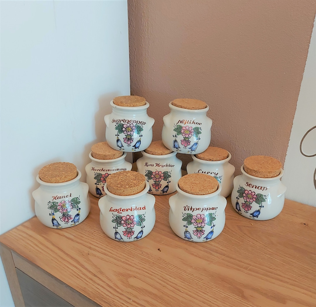 Vintage AKSINI Danish Pottery Set of 9 Spice Jars , Design by Aksel ...