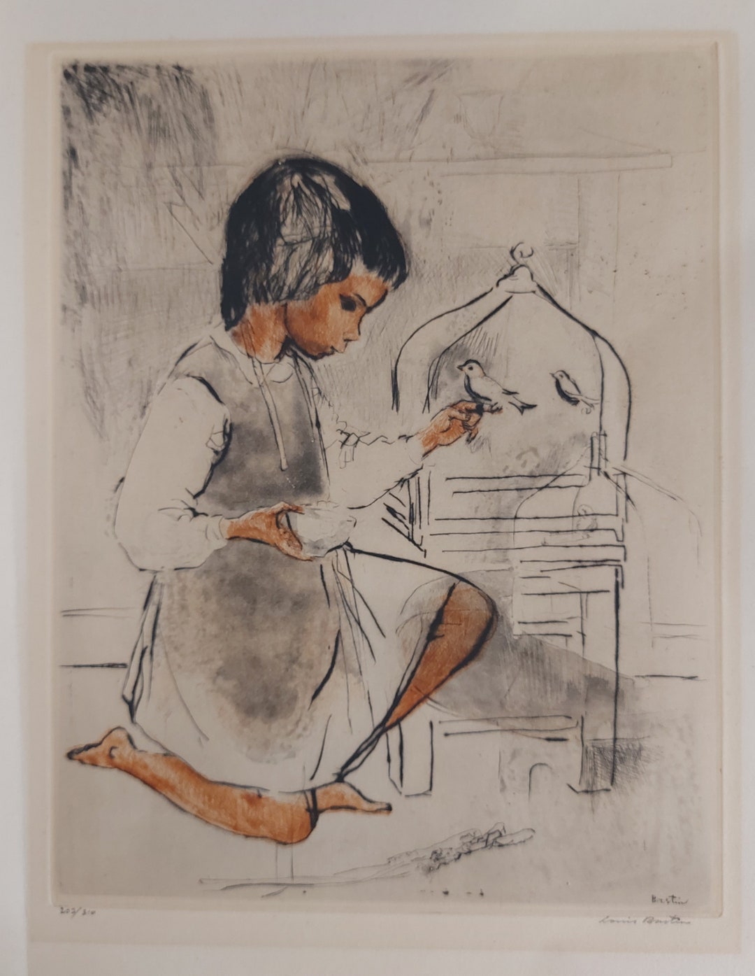 Vintage LOUIS BASTIN Etching With Aquatin Girl With a Birds, Sweden ...