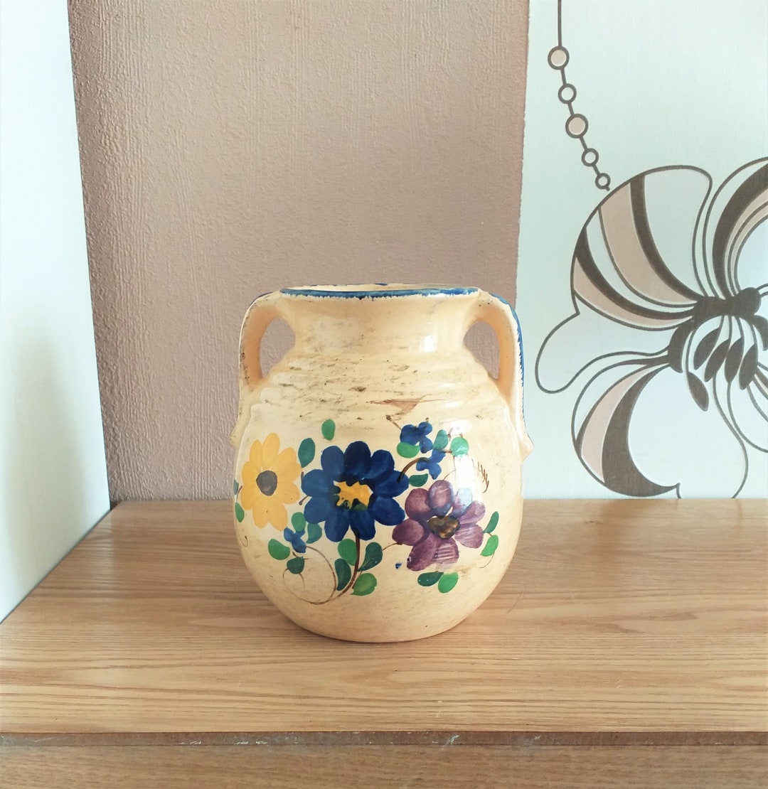Vintage Hand Painted Ceramic Pot With Flowers Motive - Etsy