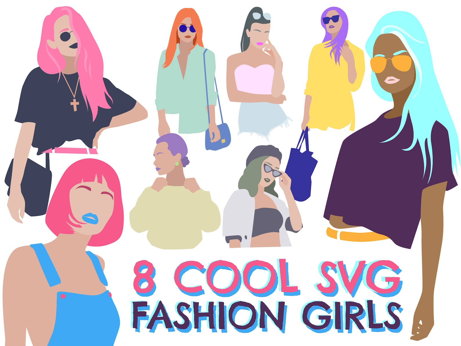 8 Cool SVG Fashion Girls Women Bundle, Clipart, Cricut, Crafting, Web ...