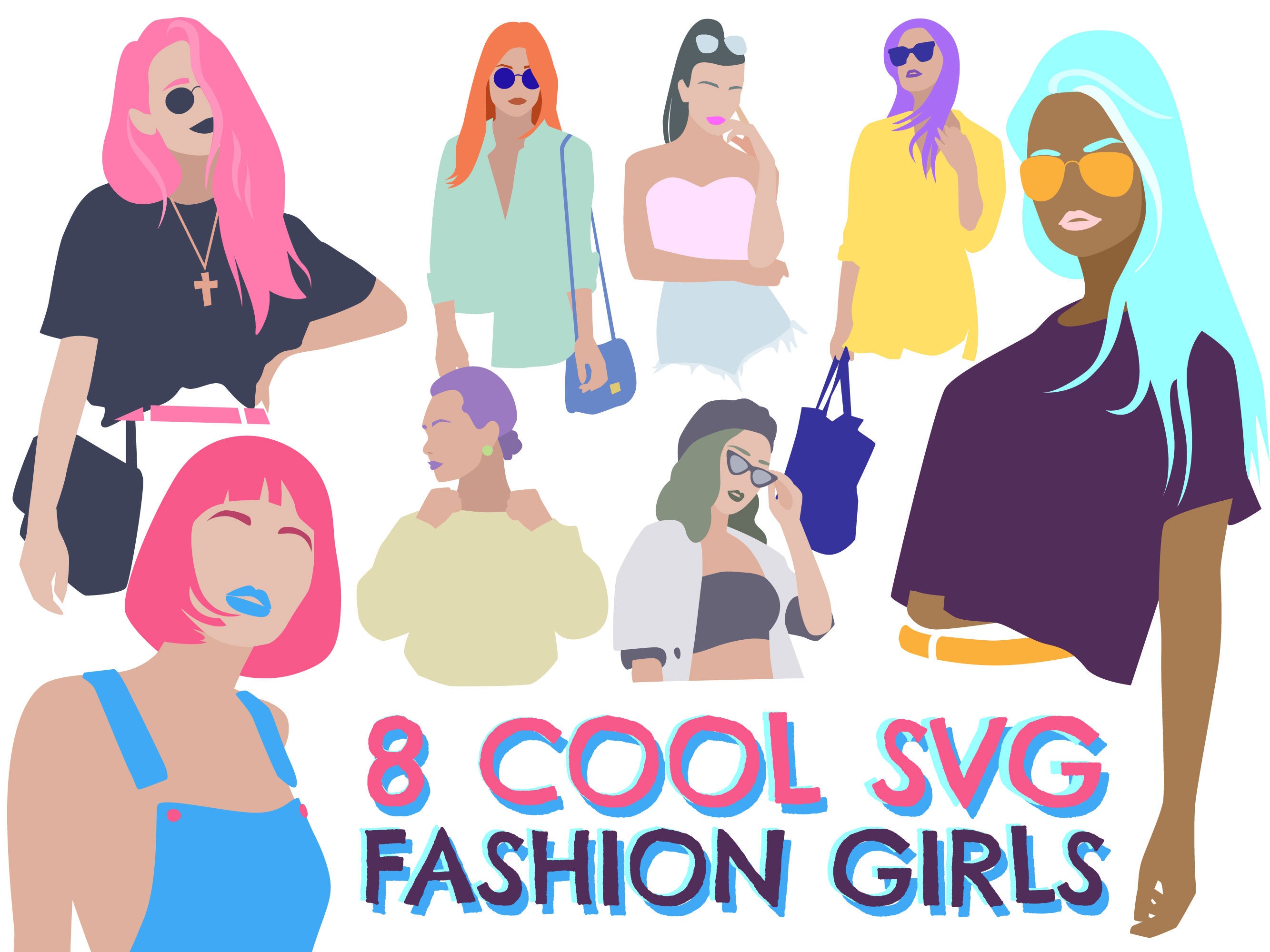 8 Cool SVG Fashion Girls Women Bundle, Clipart, Cricut, Crafting, Web ...