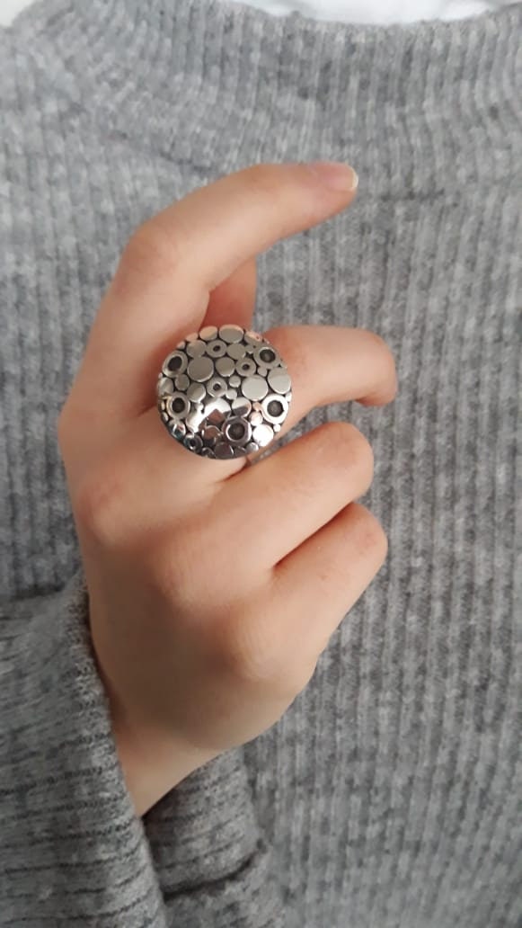 Large Round Silver Ring Blackened Silver, Small Polished Circles on ...