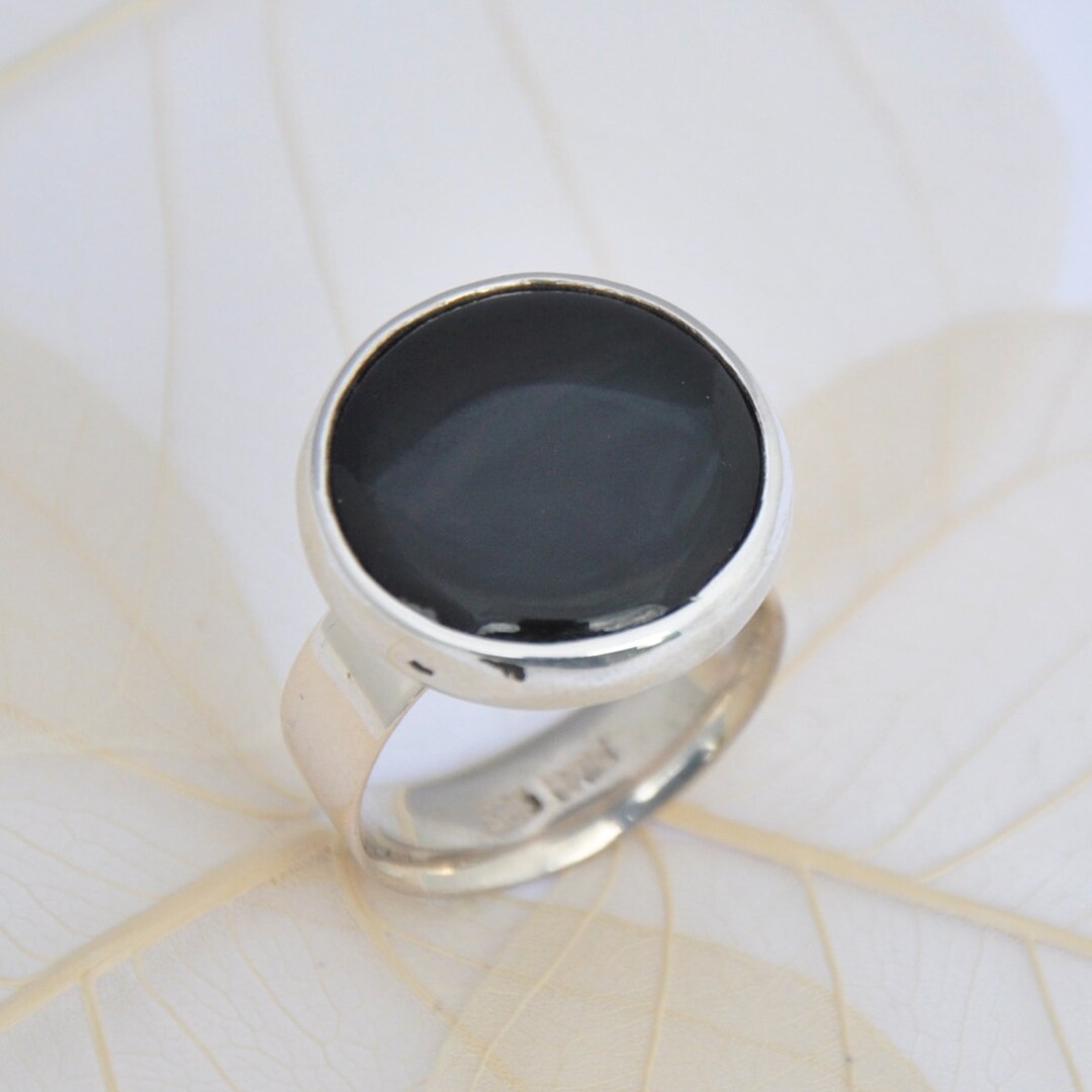Obsidian Silver Ring, Large Round Obsidian Glossy, Dark Green, Set by ...