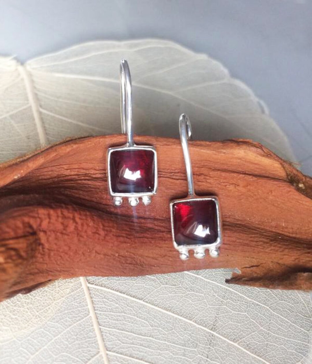 Small Silver Earrings With Garnet, Red Earrings, 925 Silver With Square ...