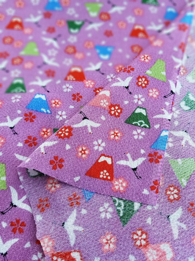 Kyoto Yuzen Chirimen Crepe Fabric - Cranes, Mt Fuji and Flowers in ...