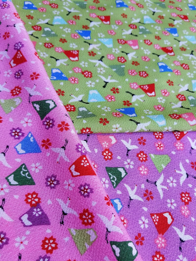 Kyoto Yuzen Chirimen Crepe Fabric - Cranes, Mt Fuji and Flowers in ...