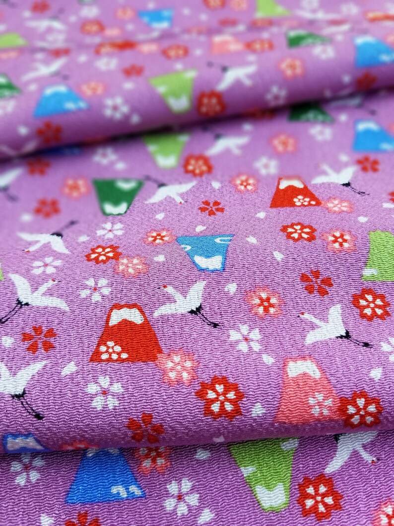 Kyoto Yuzen Chirimen Crepe Fabric - Cranes, Mt Fuji and Flowers in ...