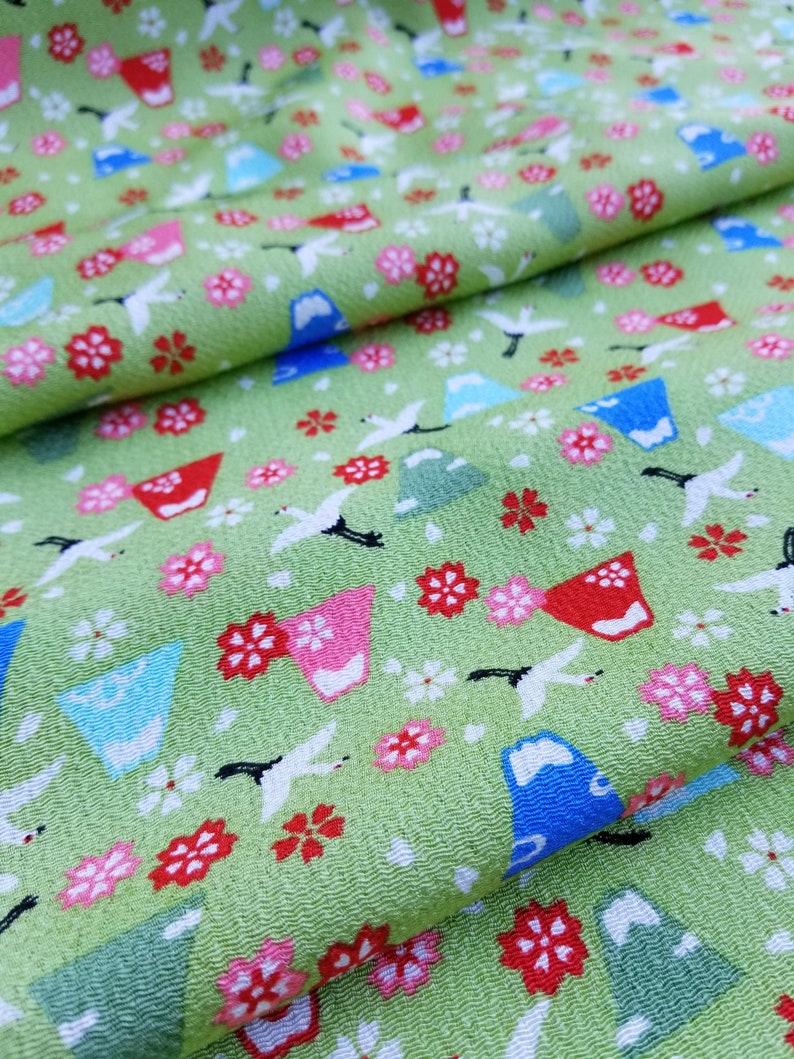 Kyoto Yuzen Chirimen Crepe Fabric - Cranes, Mt Fuji and Flowers in ...