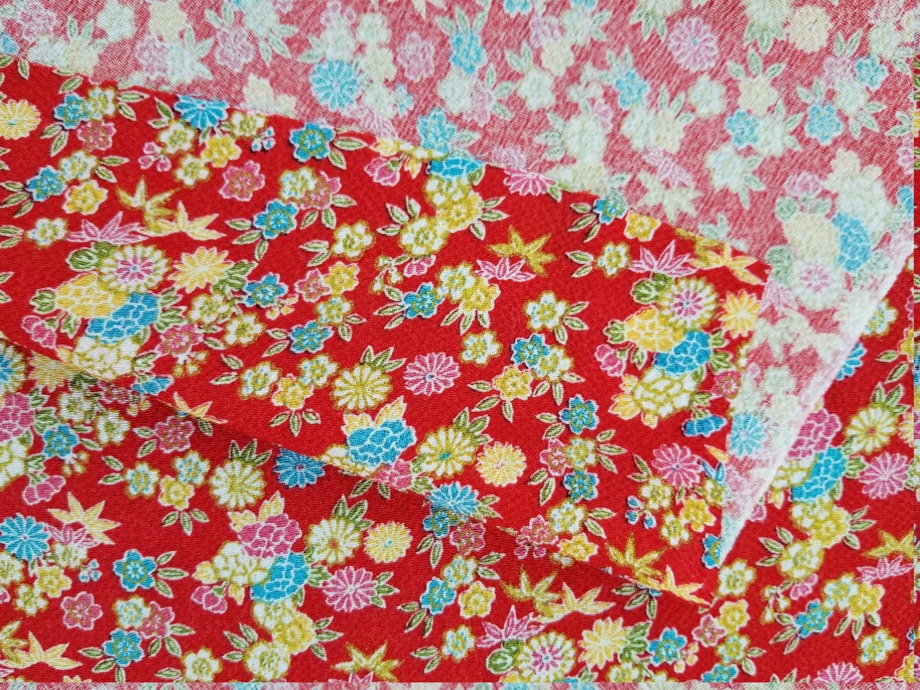 Kyoto Yuzen Chirimen Crepe Fabric - Traditional Floral Pattern in ...