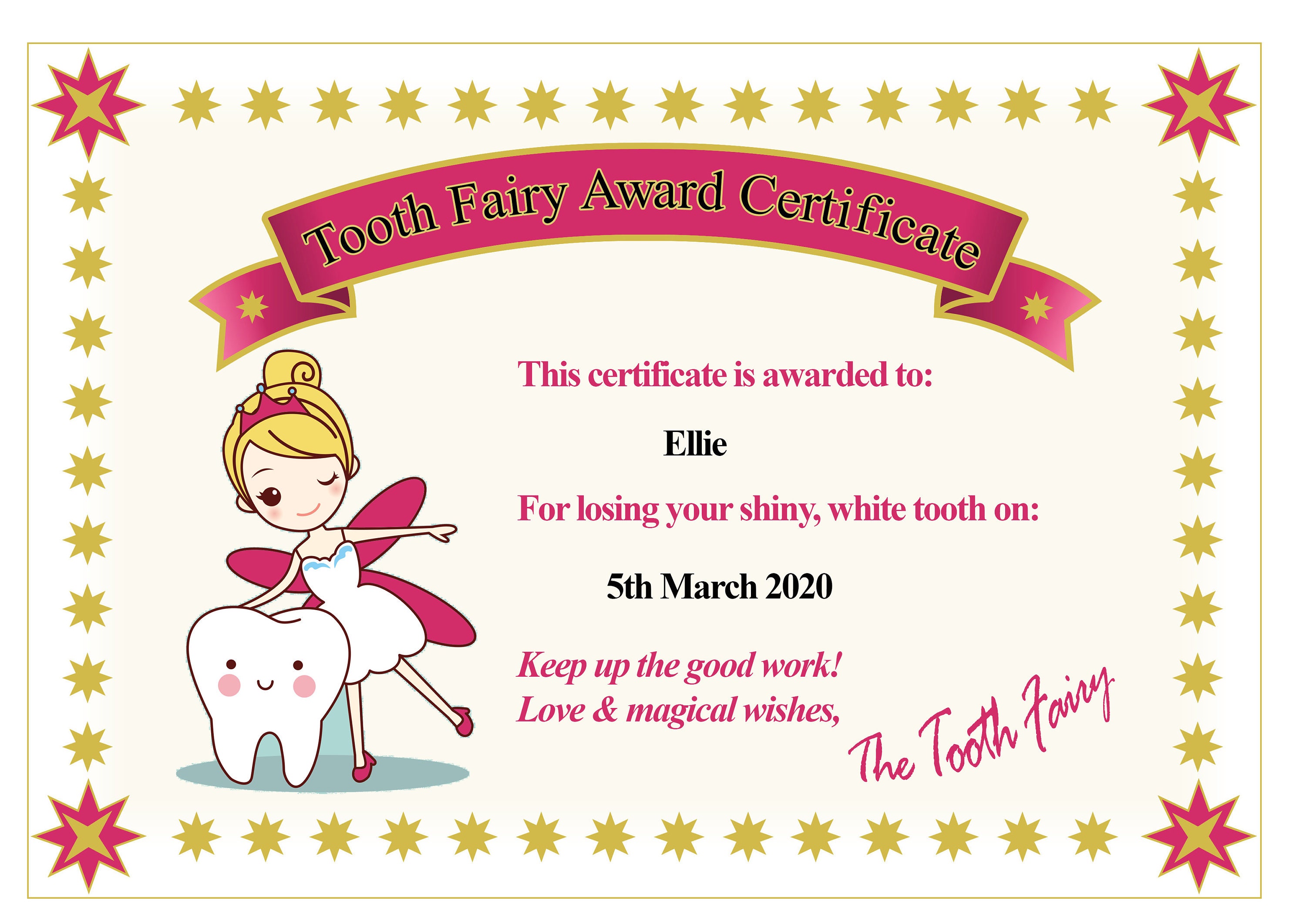 Certificado de Hada de los Dientes, Descarga Instantánea, Certificado ...