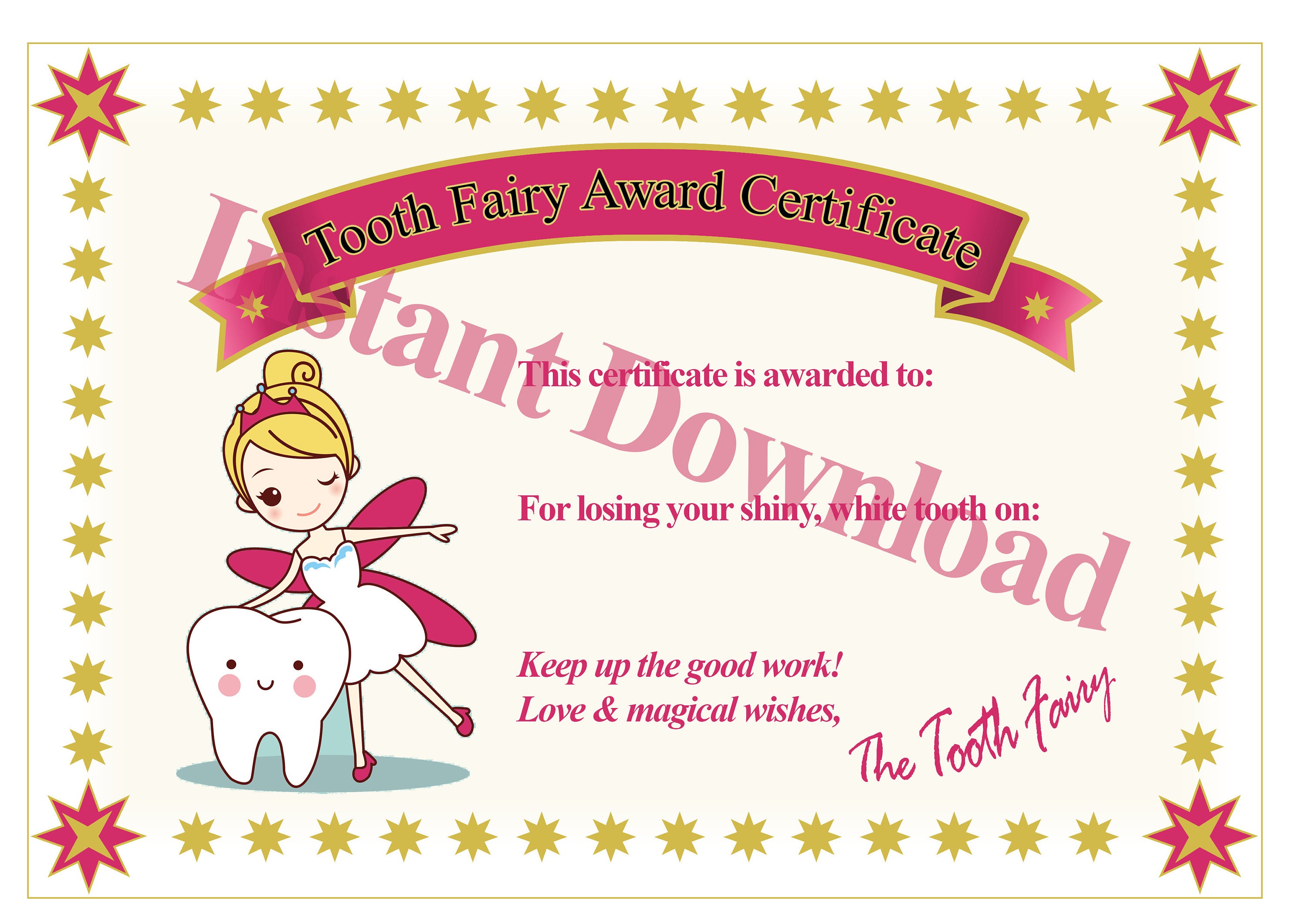 Certificado de Hada de los Dientes, Descarga Instantánea, Certificado ...