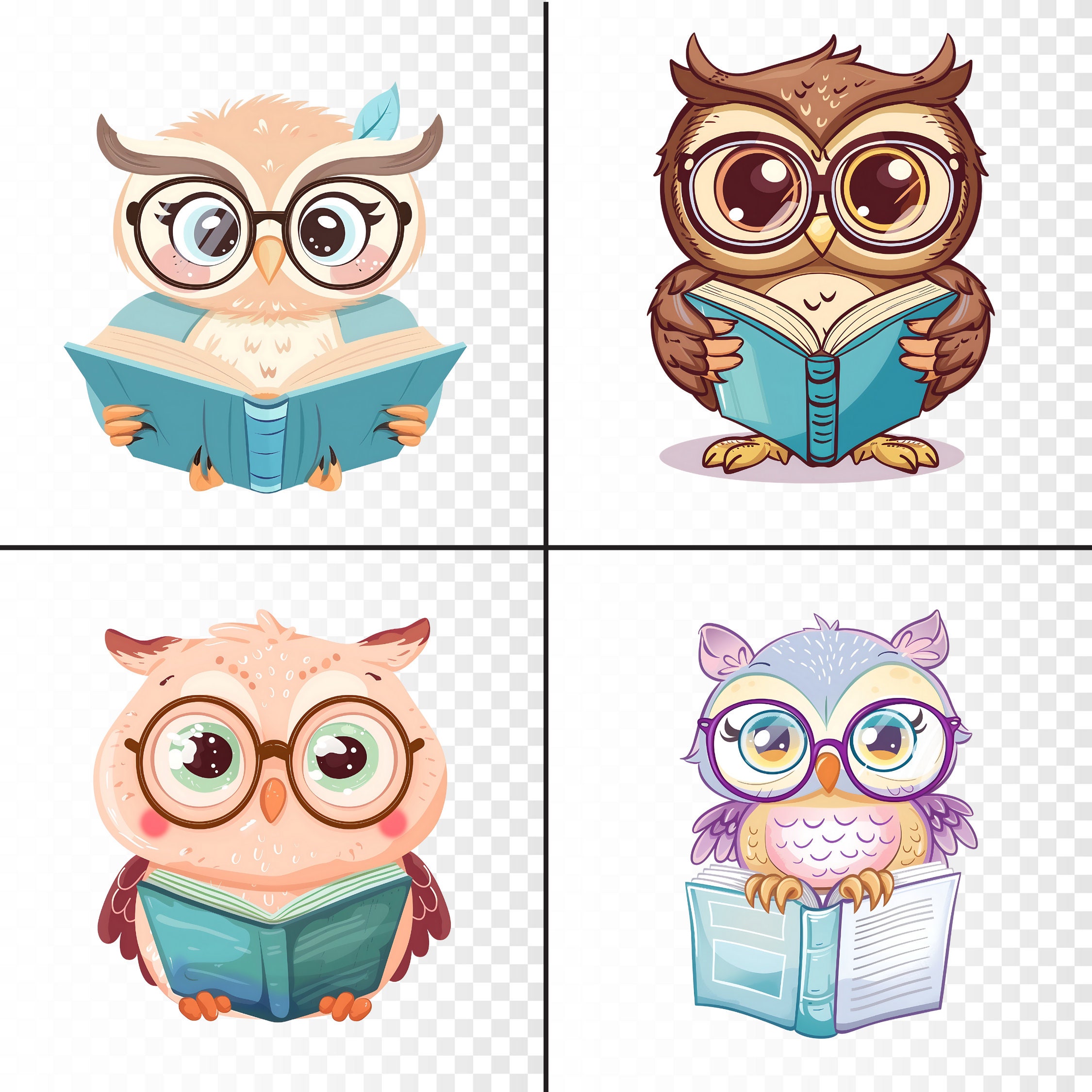 Cute Reading Owl Clipart! 12 Kawaii Owl Clip Art Reading. PNG, SVG ...