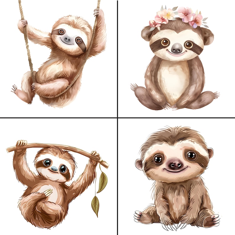 Sloth Clipart - 12 PNG Bundle of Cute Sloth Clip Art, Cute Animal ...