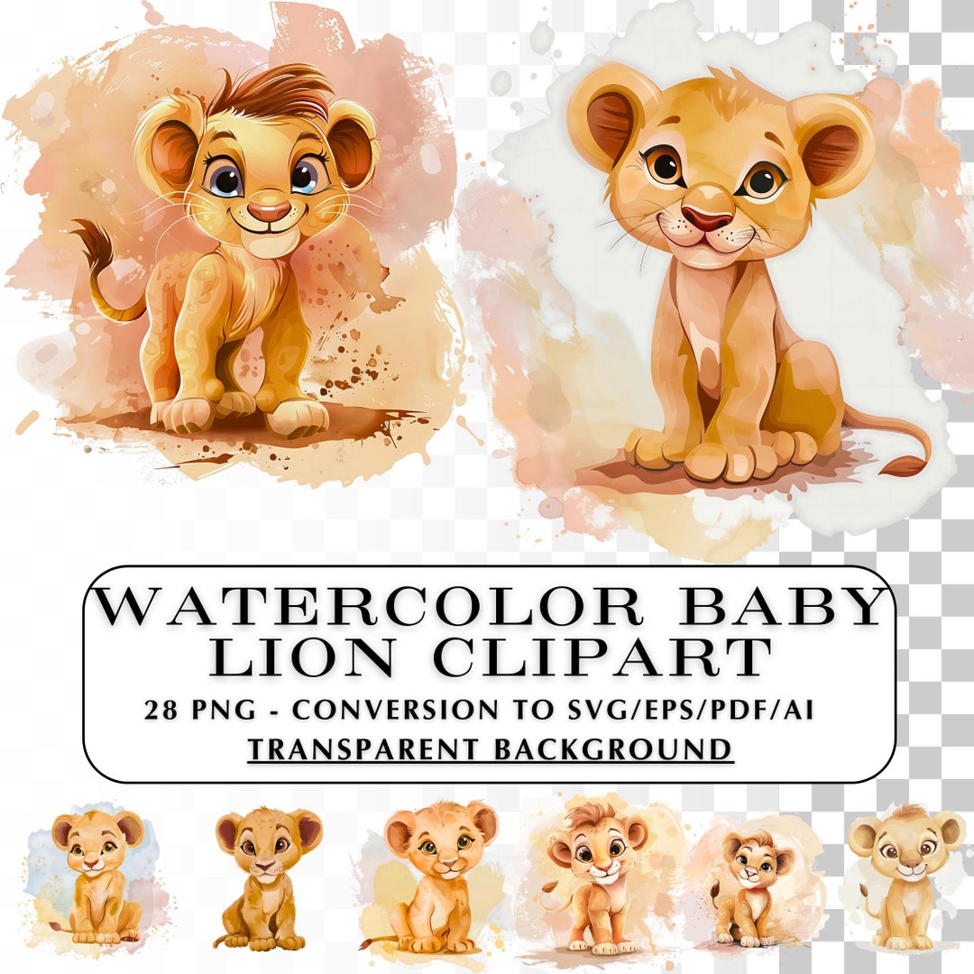 Cute Baby Lion Clipart! 28 Watercolor Lion Cub Clip Art Images. PNG ...