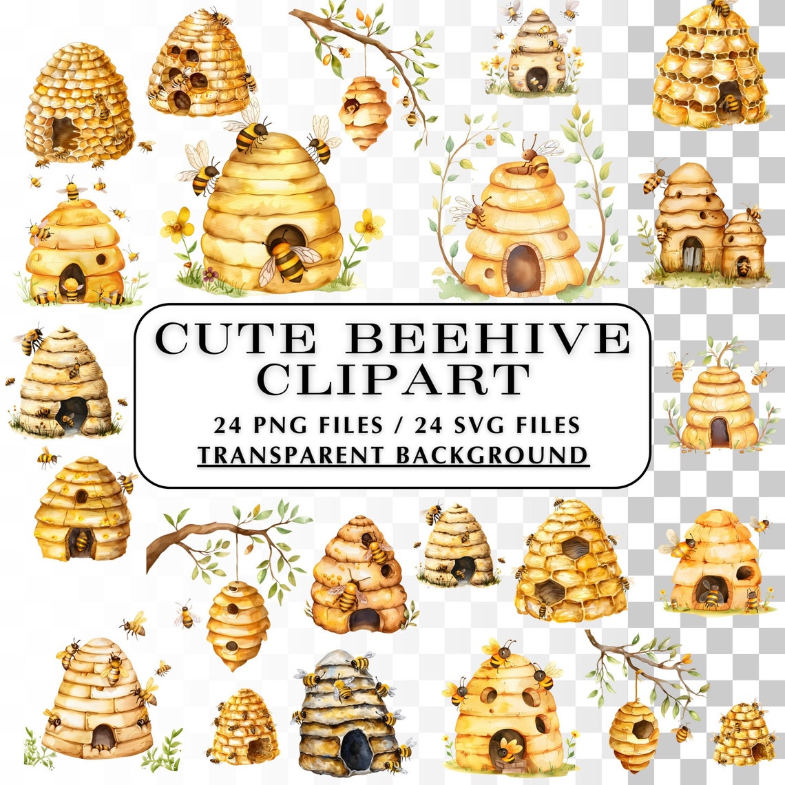 Beehive Clipart Bundle. Transparent Background. 24 PNG /SVG Digital ...
