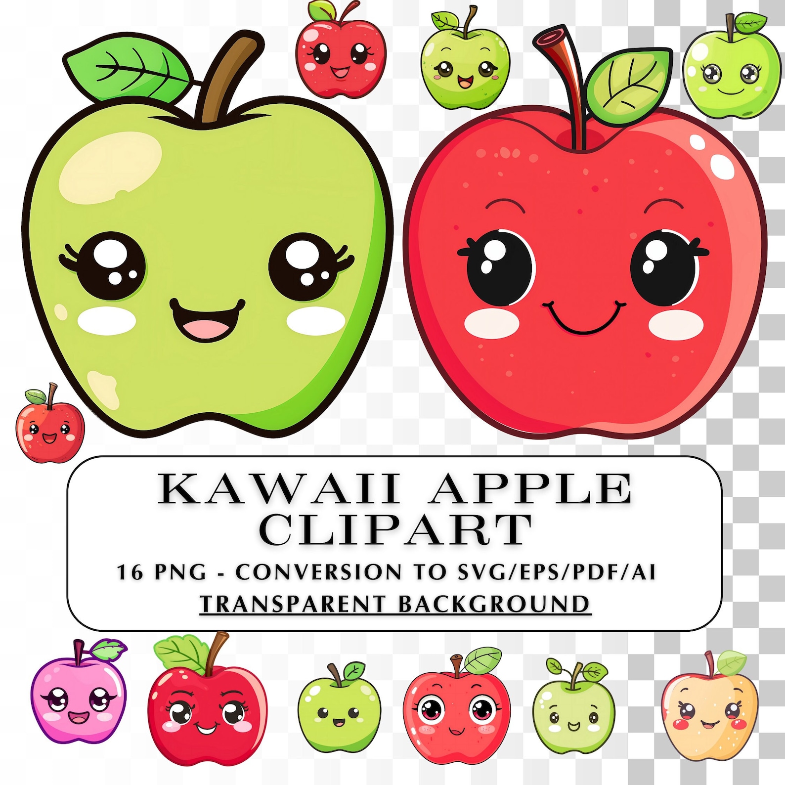 Kawaii Apple Clipart! 16 Cute Apple Clip Art Images. Vector Graphics of ...