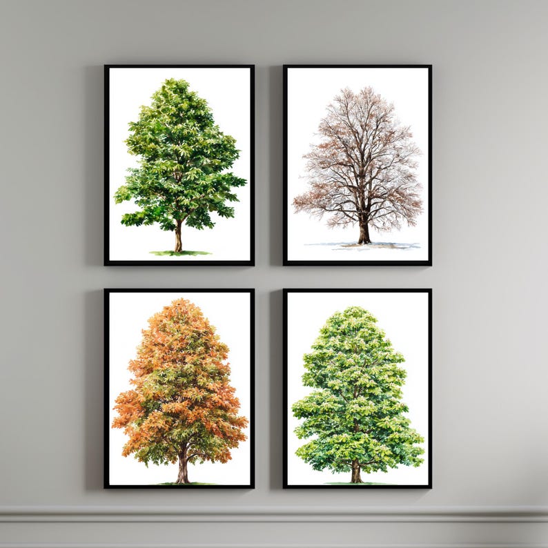 Chestnut Trees Watercolor Painting Set - Changing Seasons Nature Décor ...