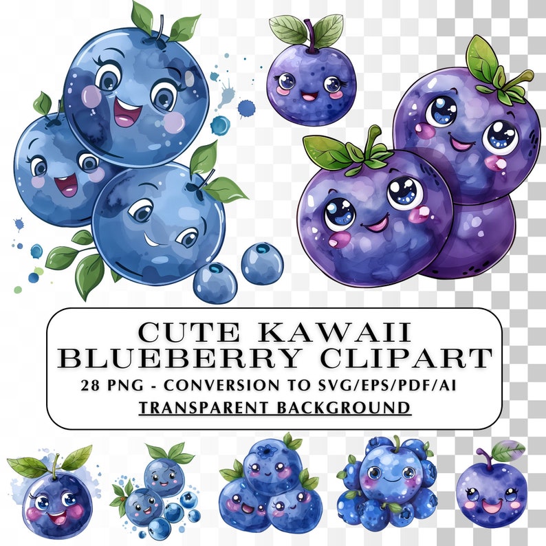 Watercolor Cute Blueberries Clipart! 28 Kawaii Blueberry PNG Images ...