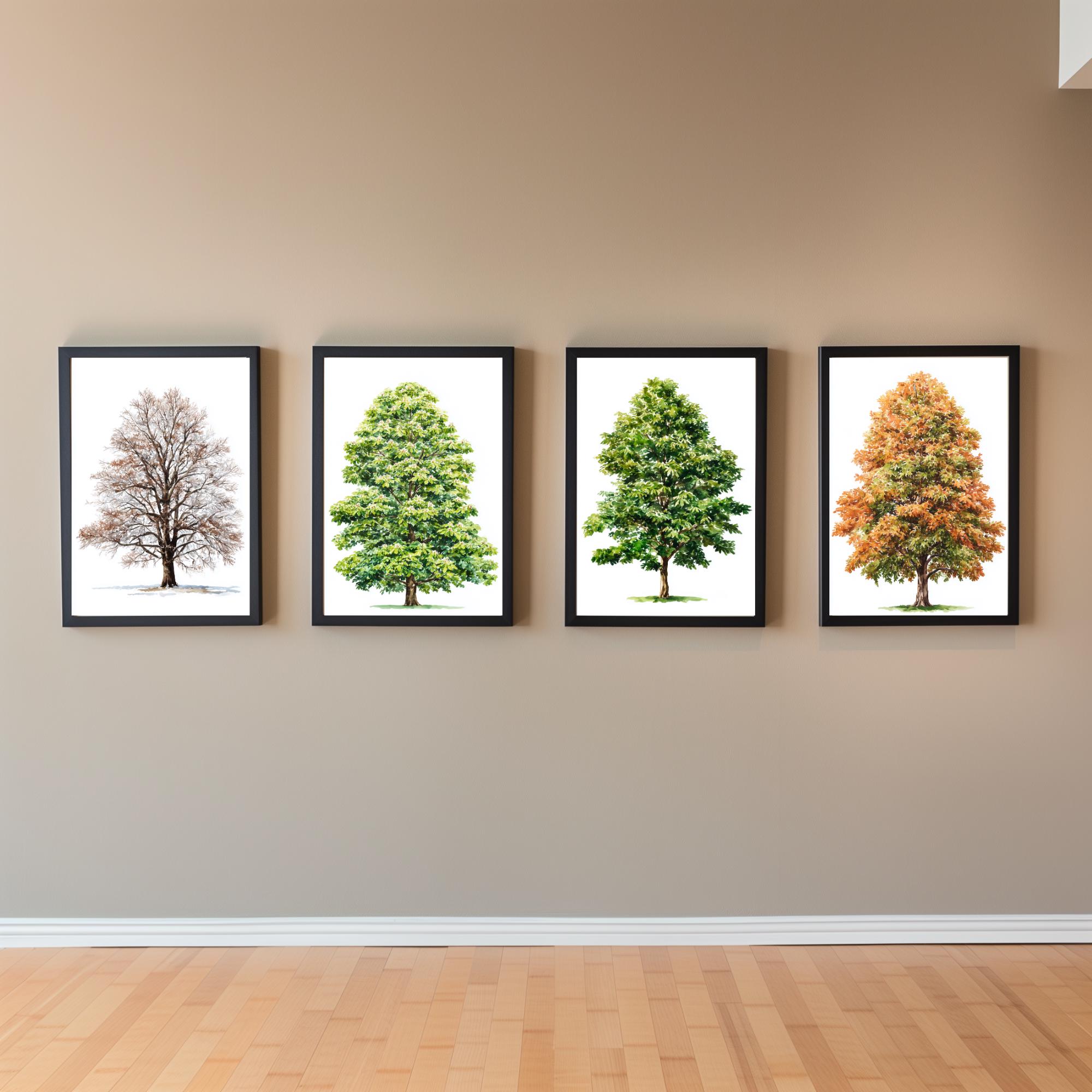 Chestnut Trees Watercolor Painting Set - Changing Seasons Nature Décor ...