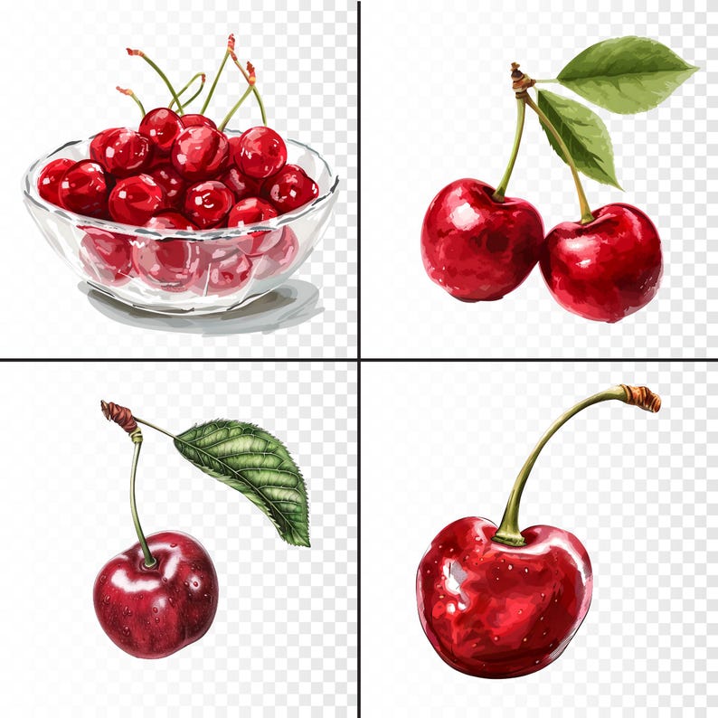 Watercolor Cherry Clipart! 24 Realistic Red Cherry Clip Art! PNG ...