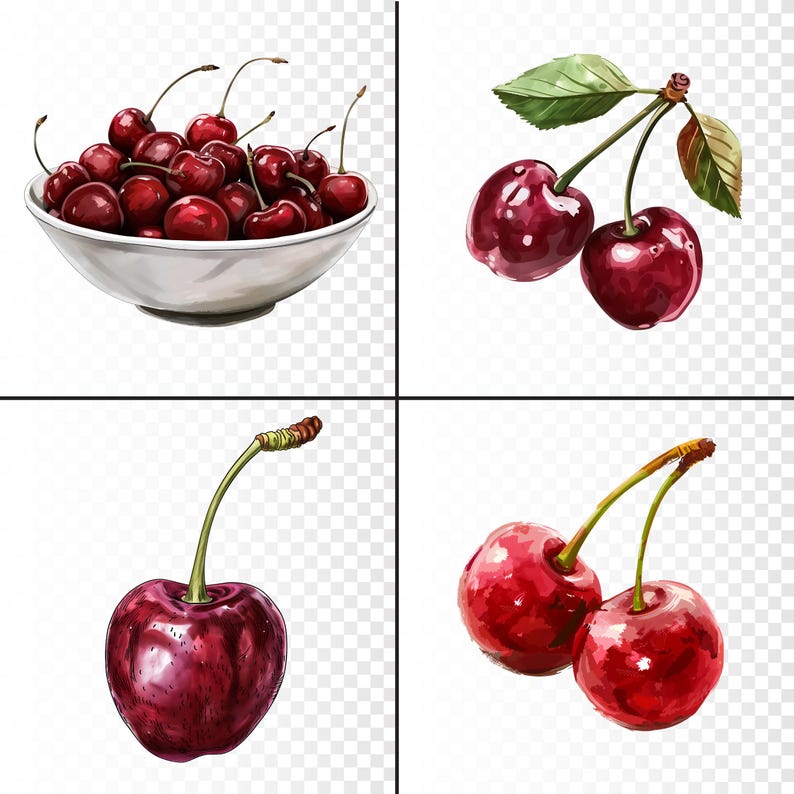 Watercolor Cherry Clipart! 24 Realistic Red Cherry Clip Art! PNG ...