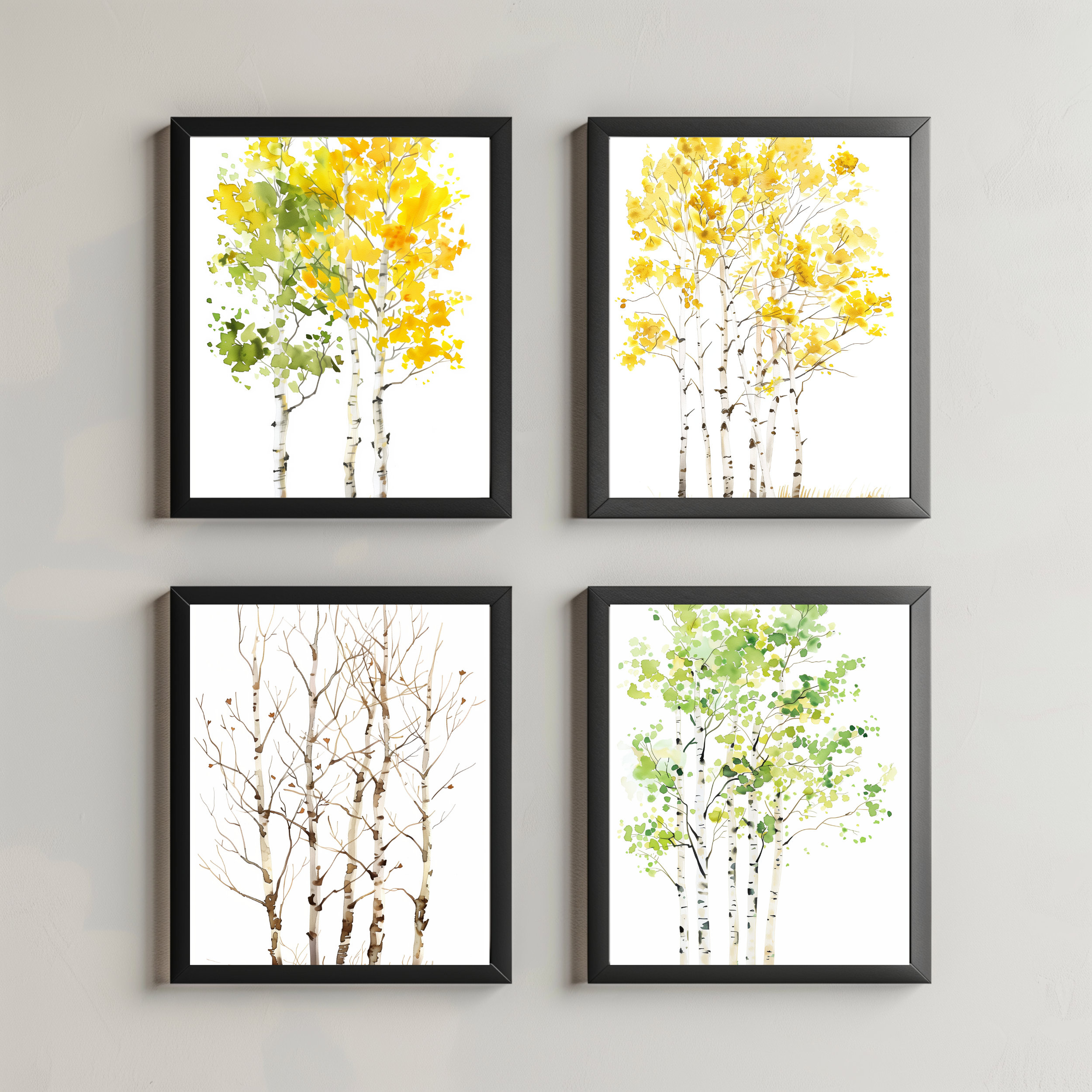Aspen Tree Watercolor Painting Set of 4 - Changing Seasons Nature Décor ...