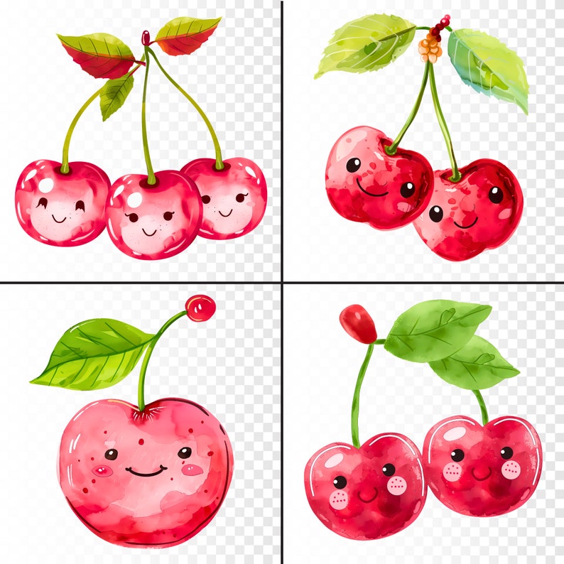 Watercolor Cherry Clipart! 24 Kawaii Cherry Clip Art Images. Cute Fruit ...