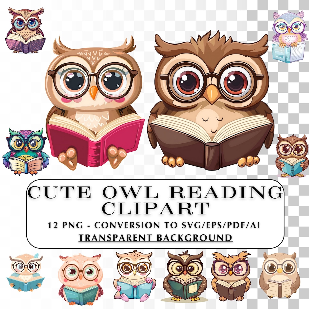 Cute Reading Owl Clipart! 12 Kawaii Owl Clip Art Reading. PNG, SVG ...