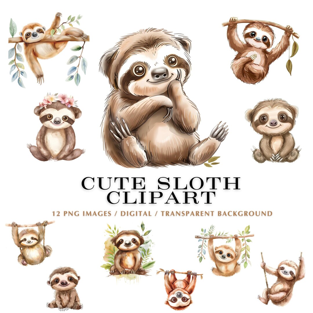 Sloth Clipart - 12 PNG Bundle of Cute Sloth Clip Art, Cute Animal ...