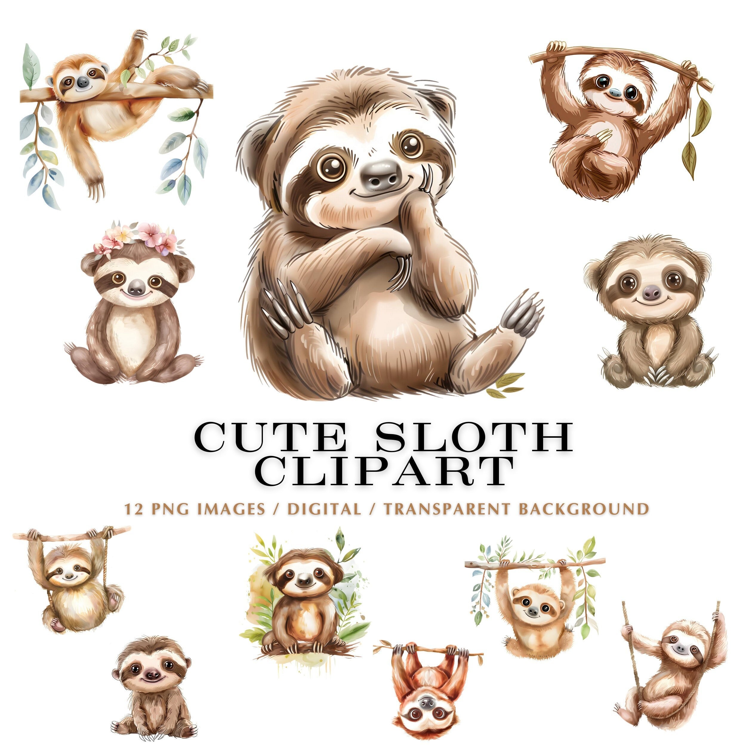 Sloth Clipart - 12 PNG Bundle of Cute Sloth Clip Art, Cute Animal ...
