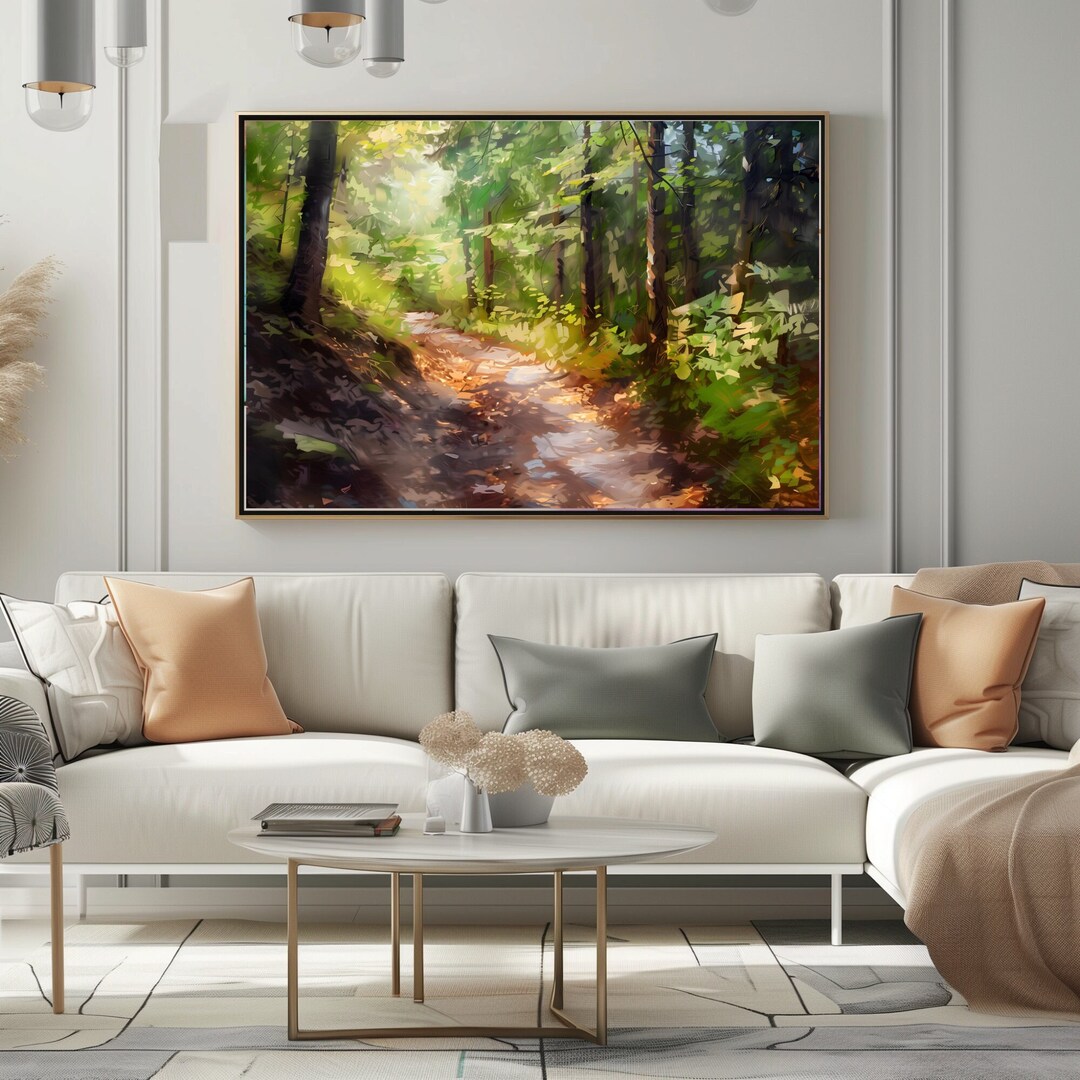 Forest Pathway Art, Sunlit Nature Landscape, Oil and Acrylic Painting ...