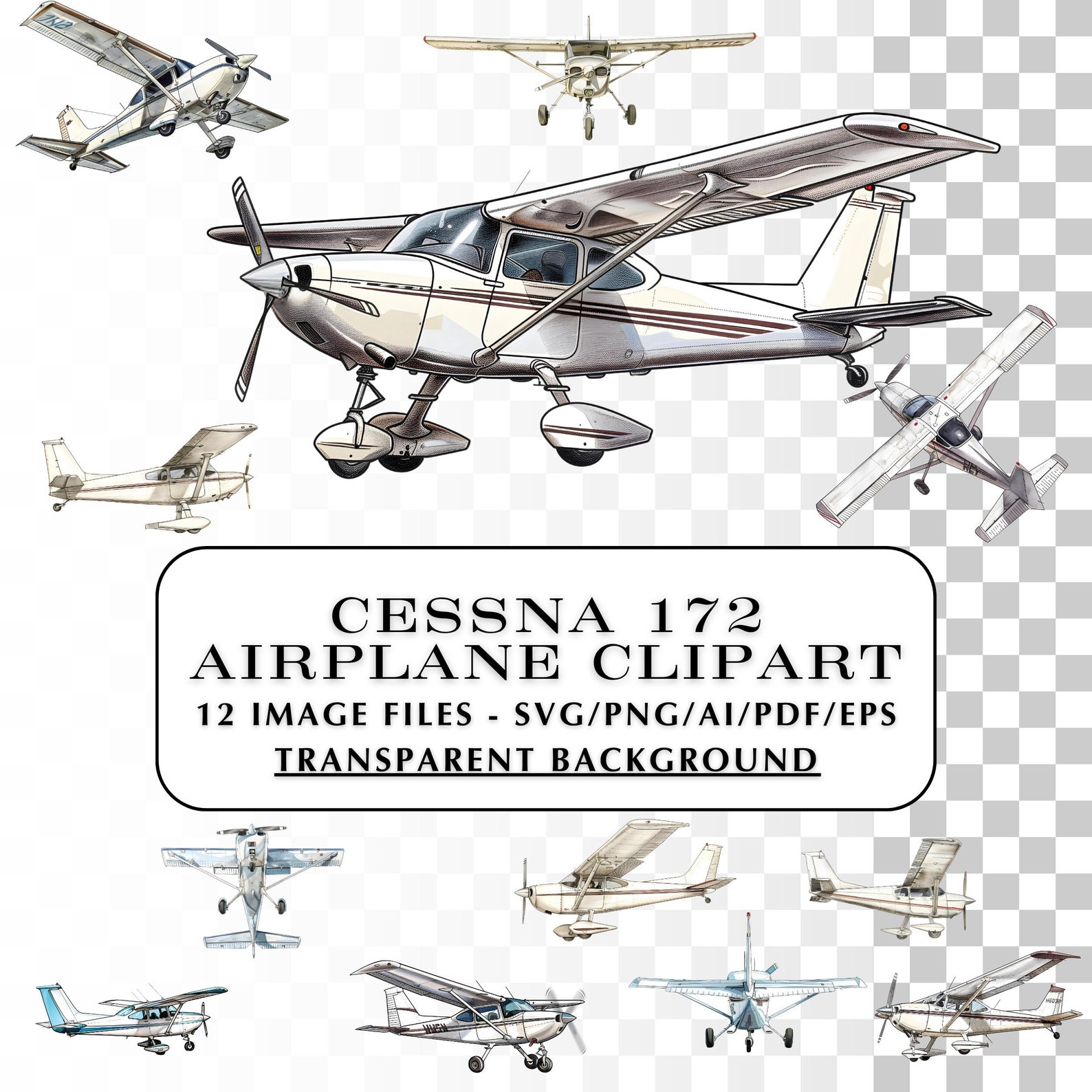 Airplane SVG Clipart - Cessna 172 PNG Bundle - 12 Files, Air Plane Clip ...