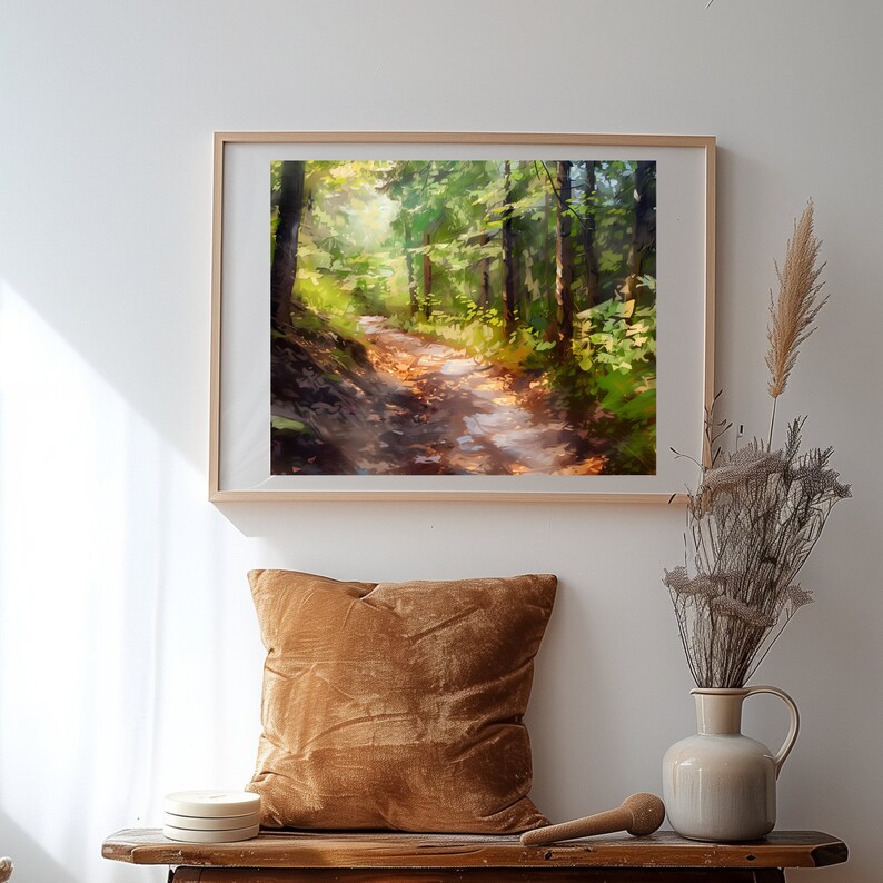 Forest Pathway Art, Sunlit Nature Landscape, Oil and Acrylic Painting ...