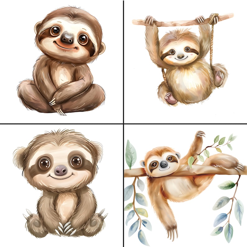 Sloth Clipart - 12 PNG Bundle of Cute Sloth Clip Art, Cute Animal ...