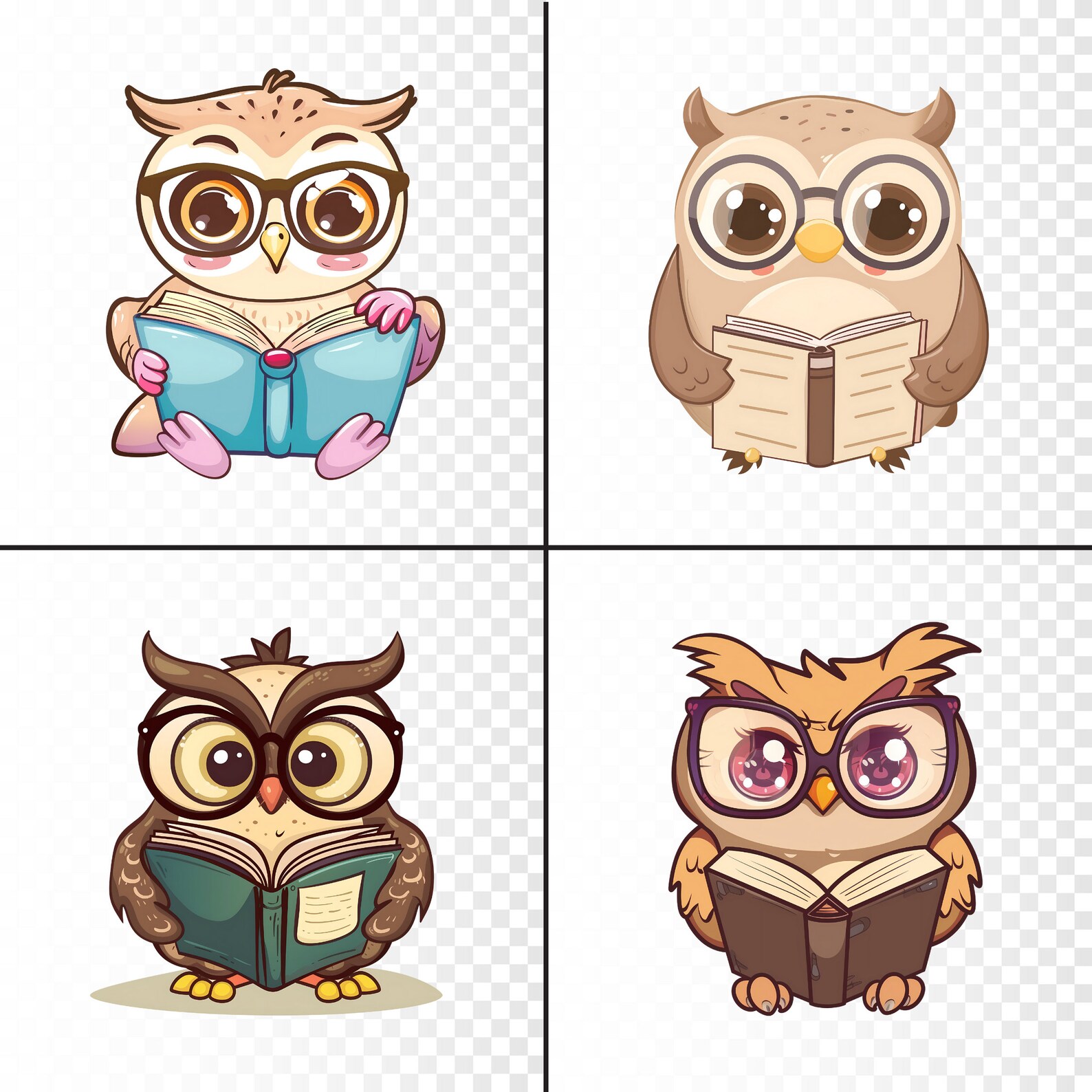 Cute Reading Owl Clipart! 12 Kawaii Owl Clip Art Reading. PNG, SVG ...