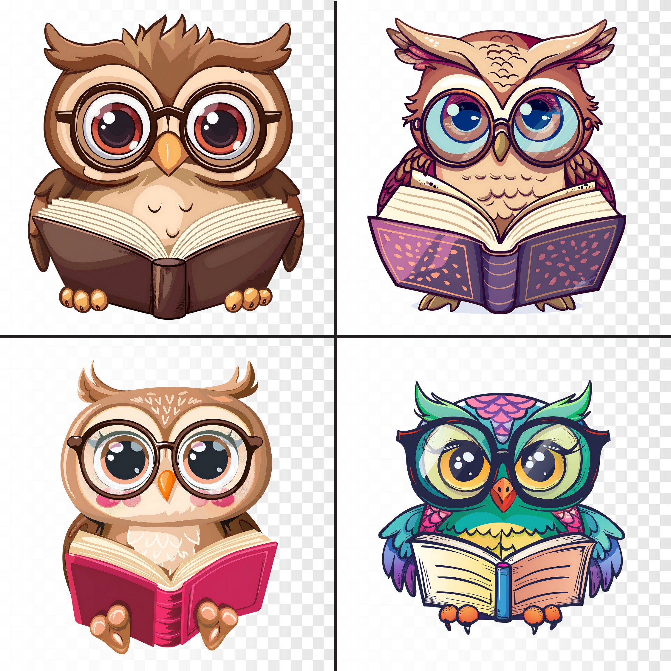 Cute Reading Owl Clipart! 12 Kawaii Owl Clip Art Reading. PNG, SVG ...
