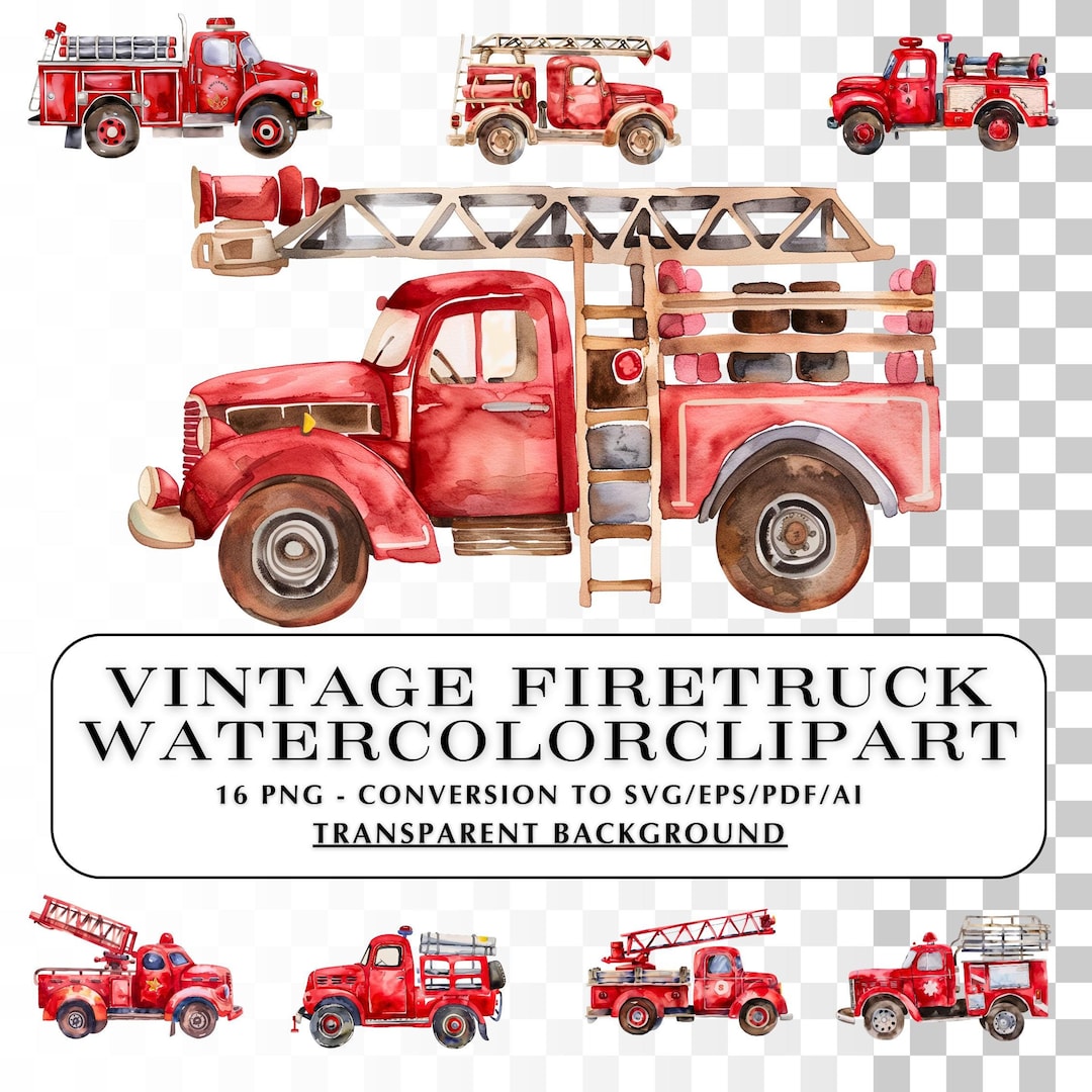 Vintage Watercolor Fire Truck Clipart! 16 Firetruck PNG Files ...