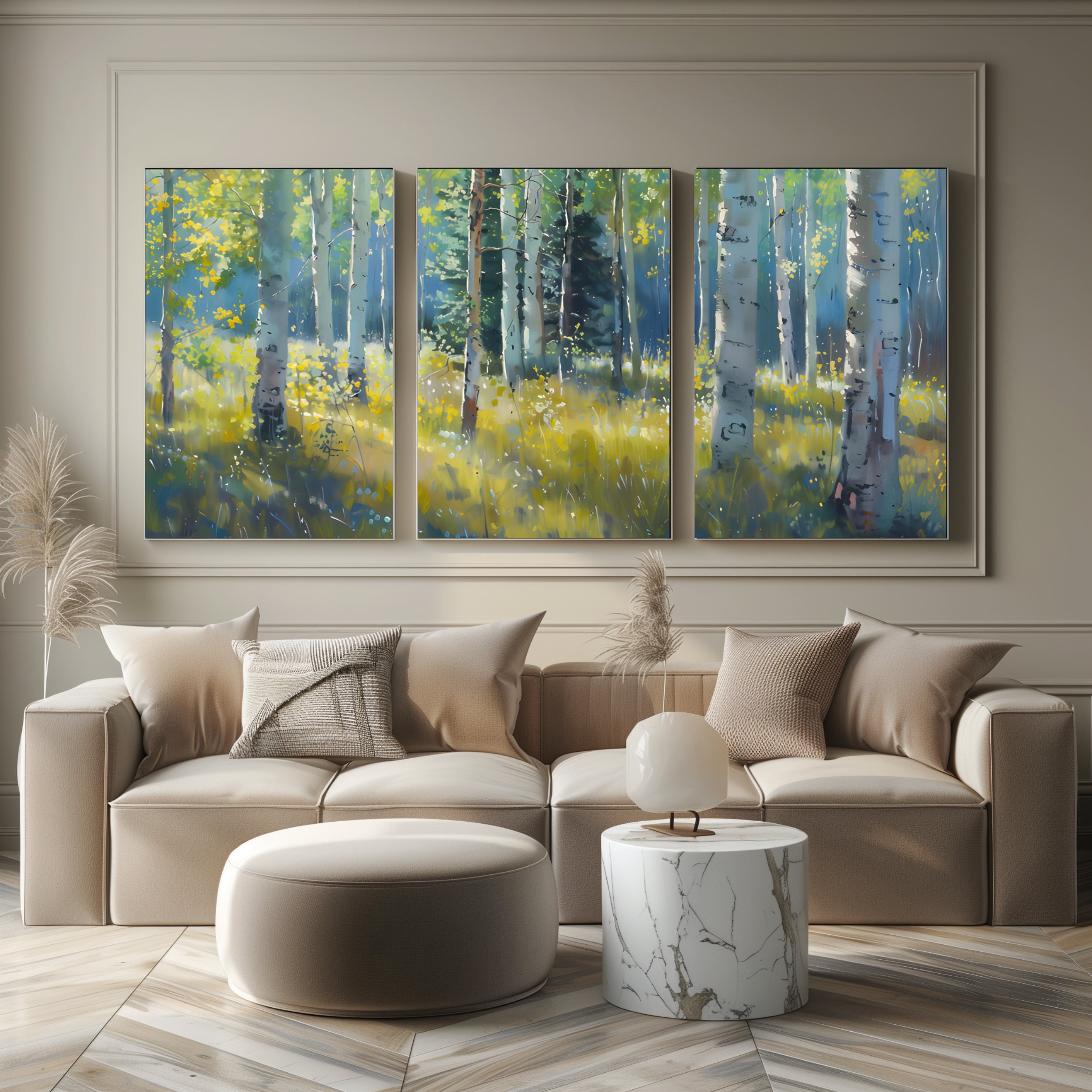 Aspen Trees, Three Piece Wall Art, Oil Pastels, Triptych, Landscape ...