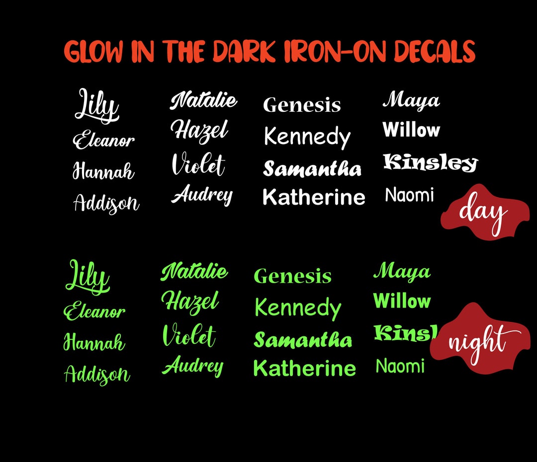 Glow in the Dark Names Personalized Iron on Decals, Iron on Transfers ...