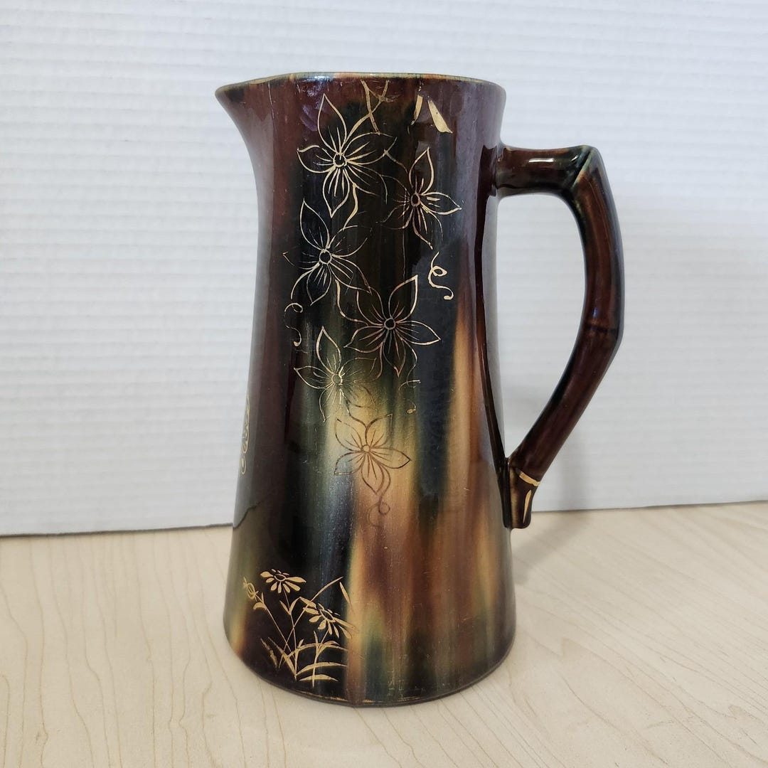Vintage Lusterware Pitcher Brown Flowing Glaze Gold Floral Design ...