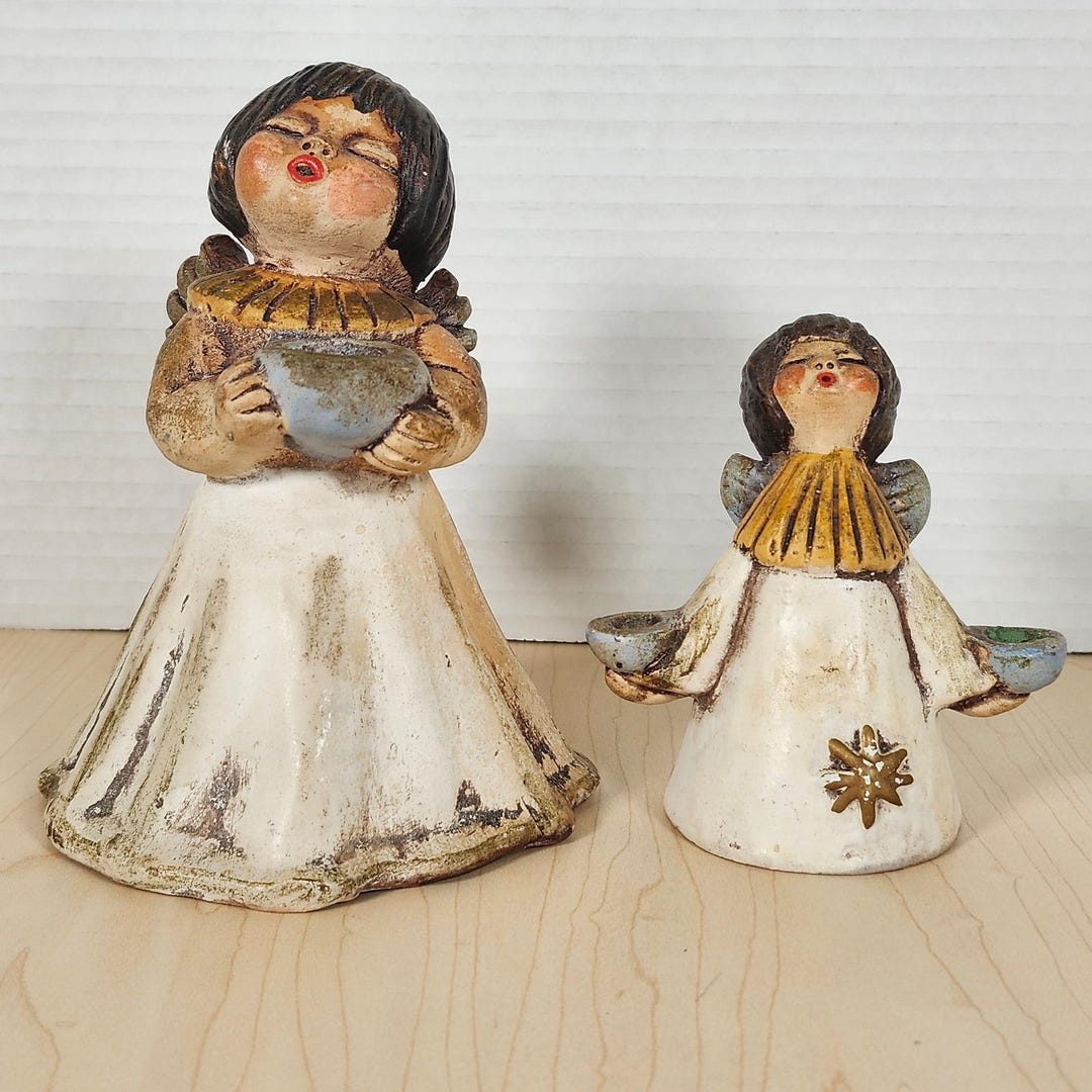 Pair Vintage Thun Italy Ceramic Singing Angels Candle Holders Figurines ...