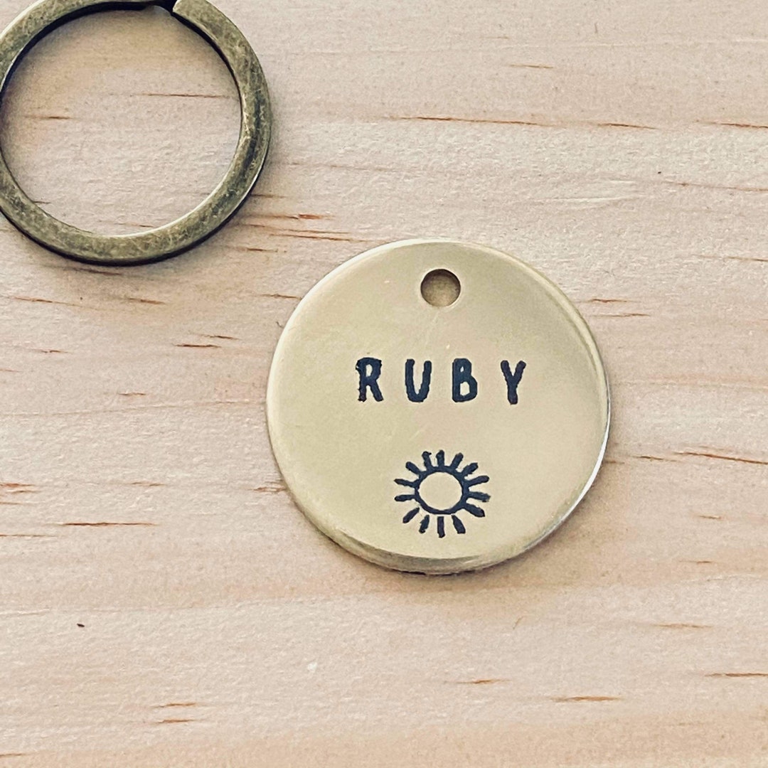 Sun Dog Tag, Dog Name Tag, Pet ID, Brass Pet ID, Pet Name Tag, Cute Cat ...