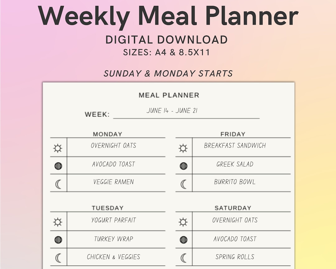 Weekly Meal Planner - Instant Download - Printable - A4 & Letter Sizes ...