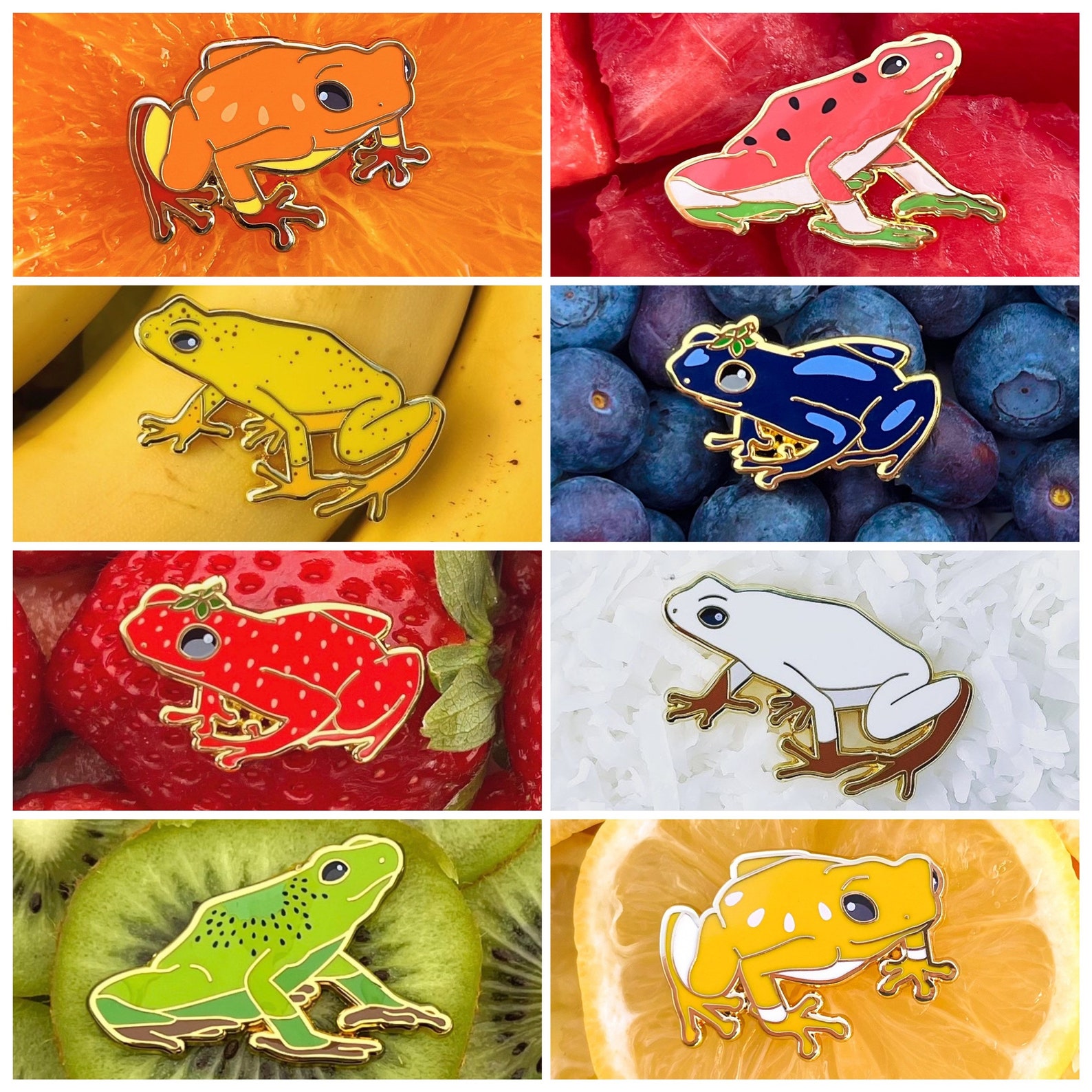 FULL SET 8 Fruit Frog Enamel Pins Watermelon Kiwi Strawberry Blueberry ...