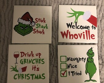 Handmade! Set of 4 Grinch Christmas Coasters - Etsy