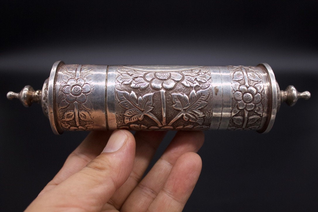 Antique Hindu Mantra Scroll Storage Box repousse Silver Nepal 20th C ...