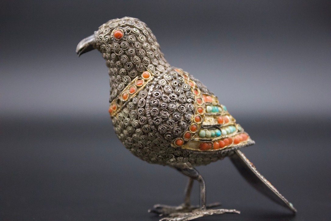 Vintage Silver Filigree Pigeon - Pure Silver Pigeon With Coral ...